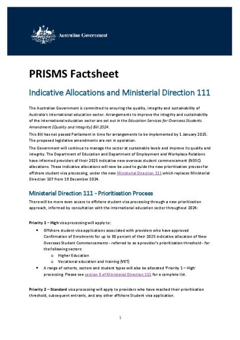 PRISMS Factsheet : Indicative Allocations and Ministerial Direction 111 - Department of ...